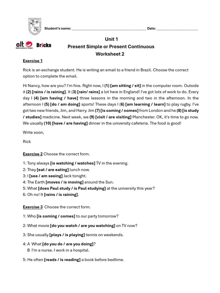 02 - Unit 1 - Present Simple Vs Present Continuous Worksheet 2 | PDF
