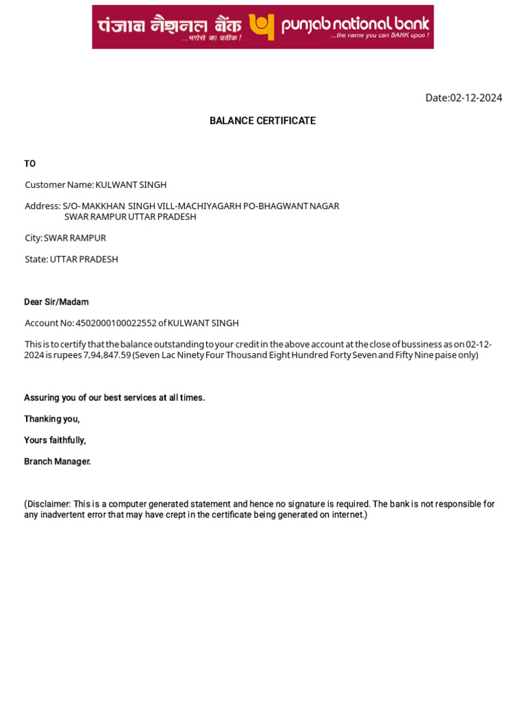 Balance Certificate-9 | PDF