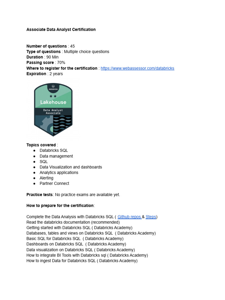 Associate Data Analyst Certification | PDF | Sql | Databases