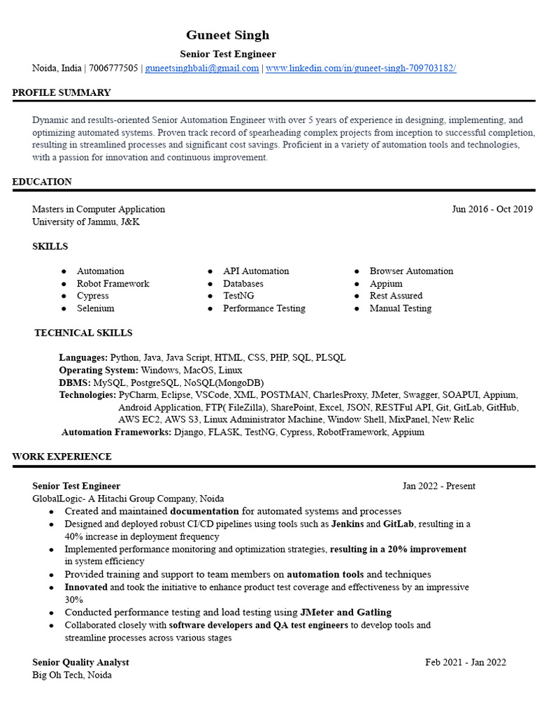 Senior Automation Engineer Profile | PDF | Automation | Databases