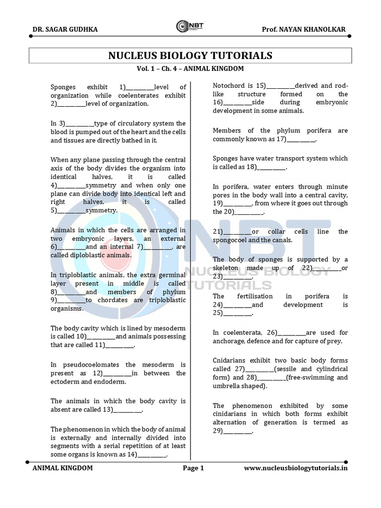 Fill - Ch. 4. Animal Kingdom-QUES-STUDENT | PDF | Sponge