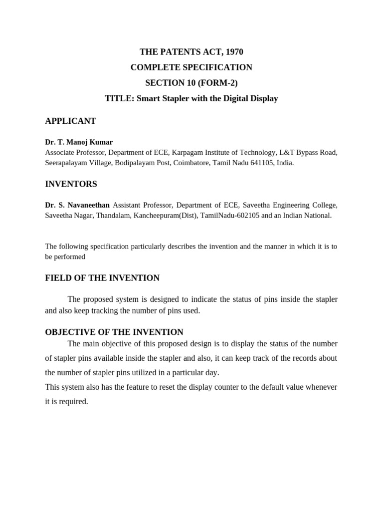 Patent Form - Smart Stapler | PDF | Invention | Arduino