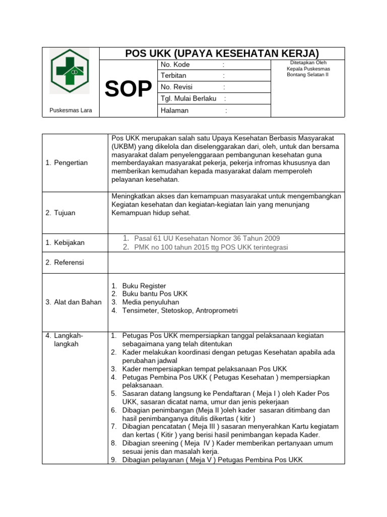 POS_UKK_UPAYA_KESEHATAN_KERJA_SOP_No_Kod | PDF