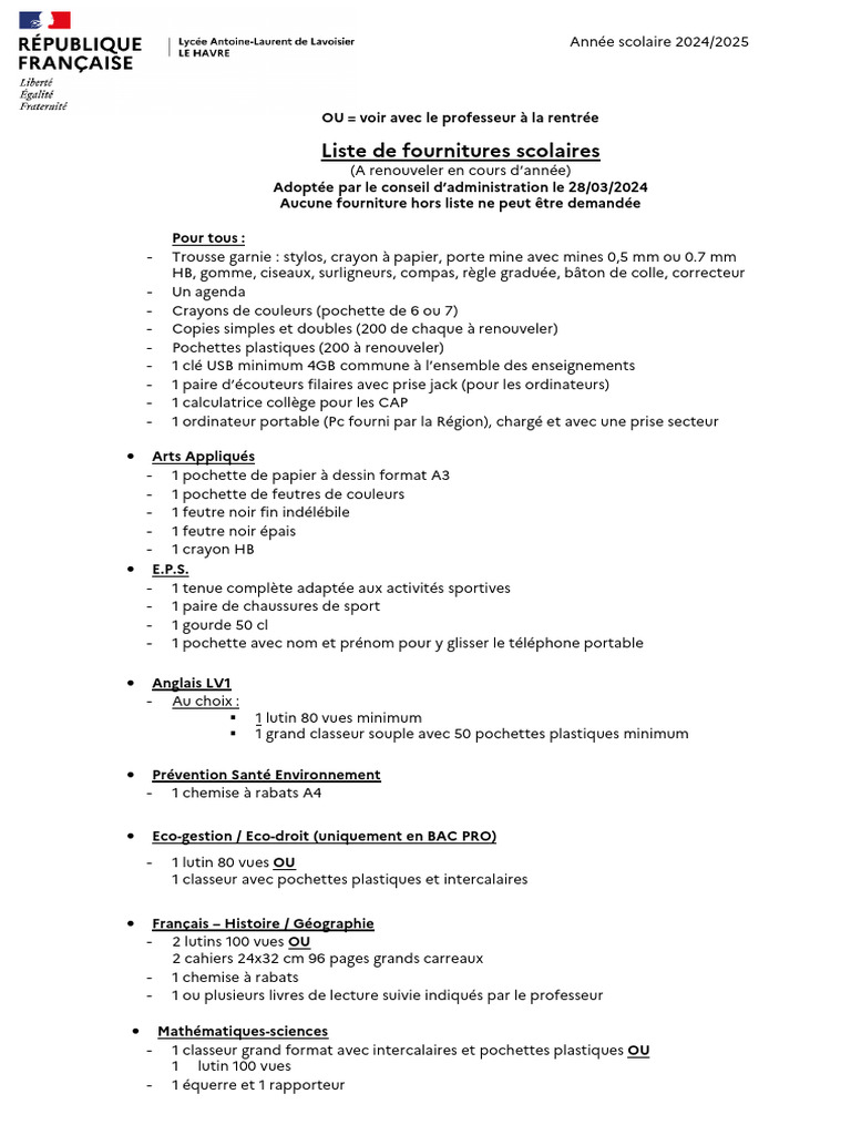 Liste Fournitures Rentrée 2024-2025 | PDF | Crayon