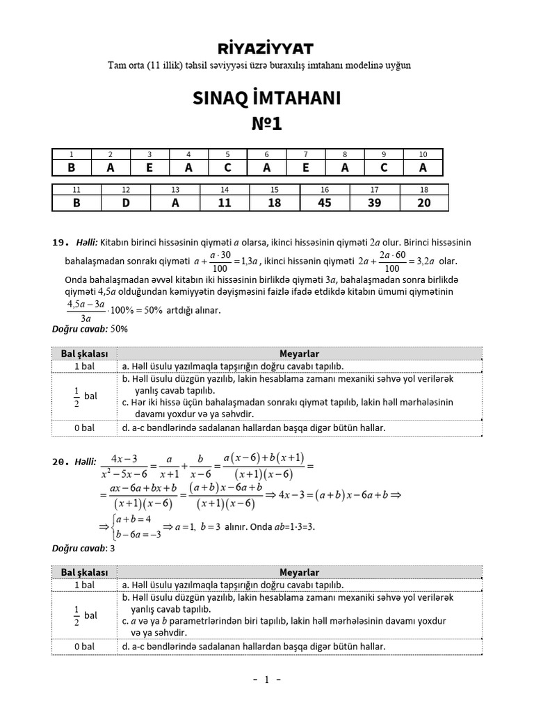 Riya Bura 11 Az Cavab Sinaq 1 | PDF