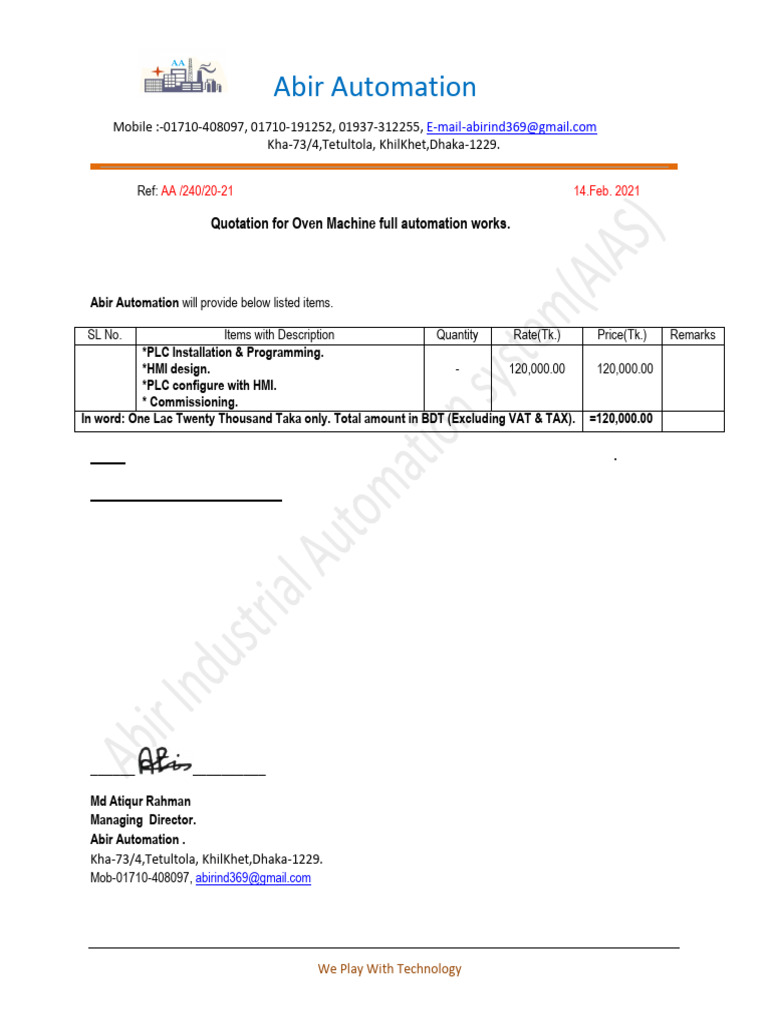 Oven Automation Quotation | PDF