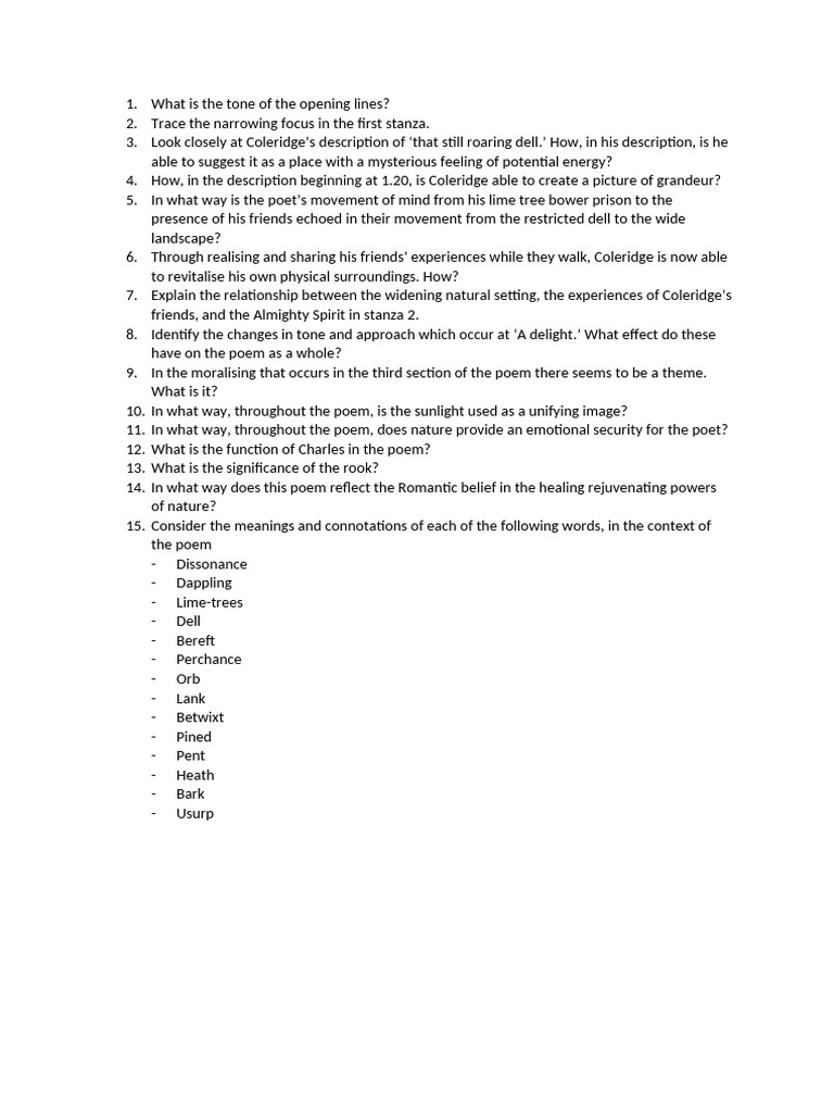 Lime Tree Bower Questions | PDF