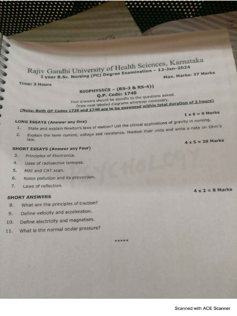 Bio Physics Question BSC Nursing | PDF