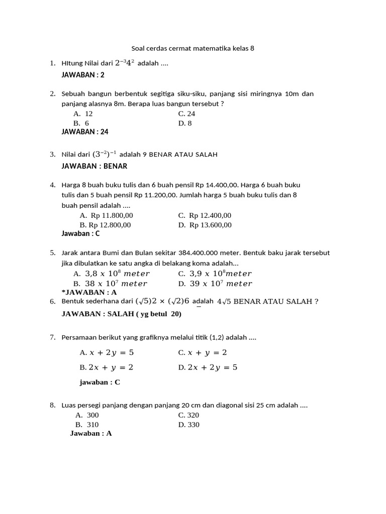 Soal Cerdas Cermat Matematika Kelas 8 | PDF