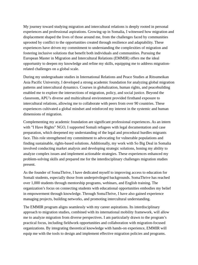 EMMIR Statement Of Purpose | PDF | Human Migration | Refugee