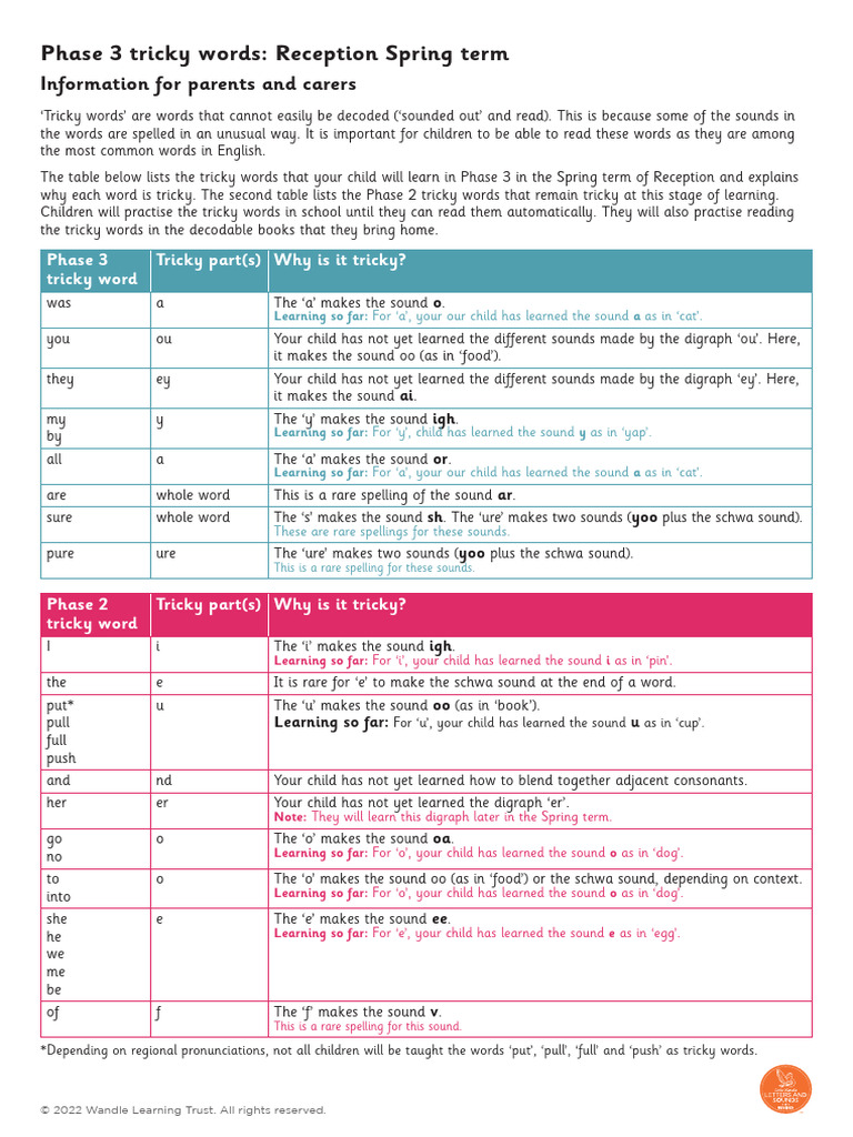 Phase 3 Tricky Words for Reception | PDF | Phoneme | Phonology