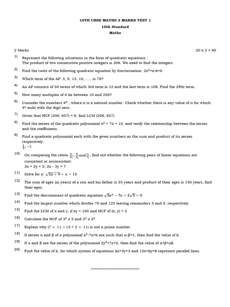 10th Cbse Maths 2 Marks Test 1 Q | PDF | Polynomial | Zero Of A Function