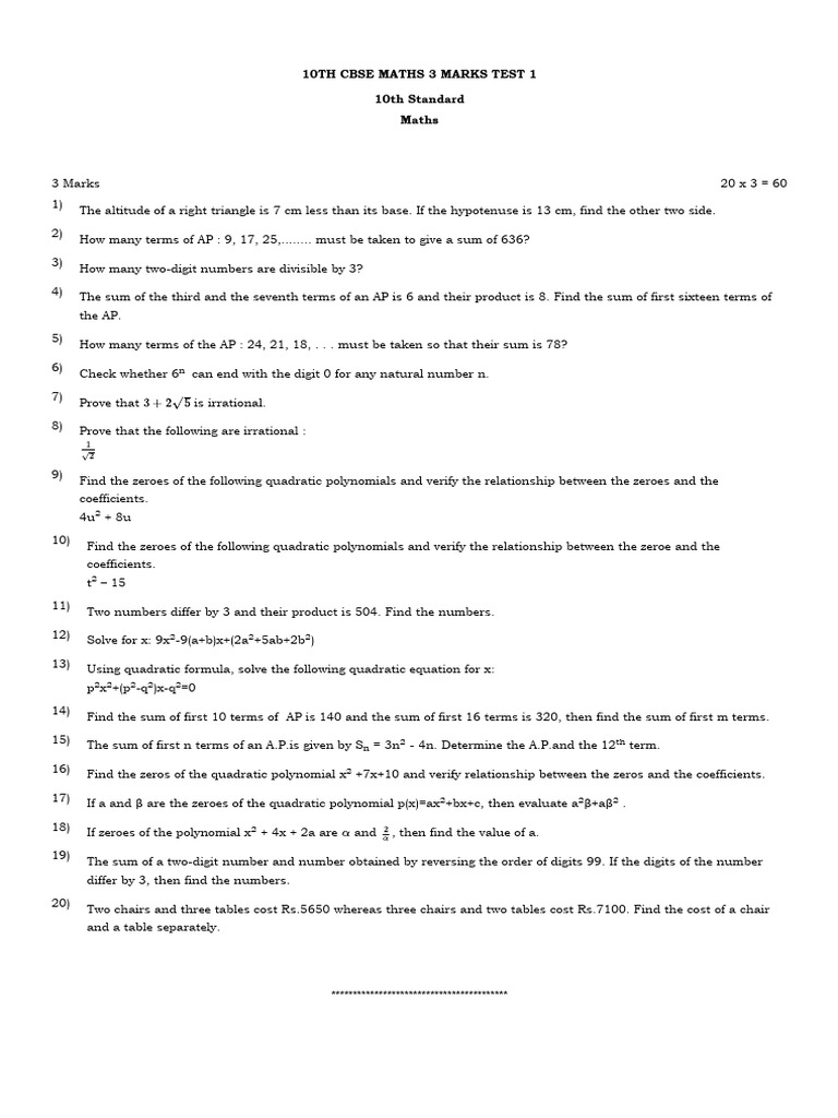 10th Cbse Maths 3 Marks Test 1 Q | PDF | Quadratic Equation | Polynomial