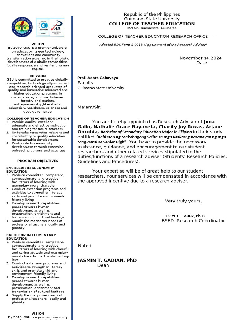 Appointment of Research Adviser Arjane | PDF