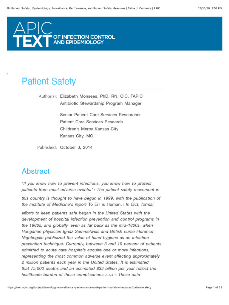 Patient Safety - Epidemiology, Surveillance, Performance, and Patient ...