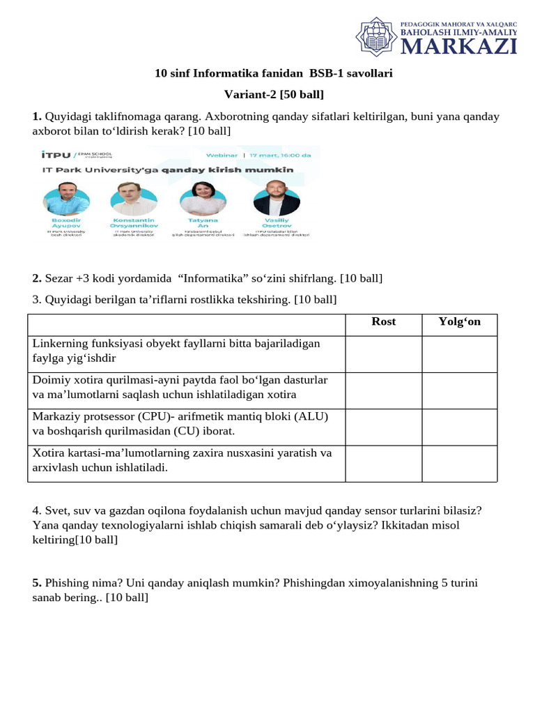10 Sinf Informatika BSB 2 Variant | PDF