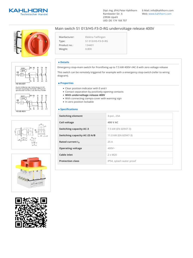 Main Switch S1 013/HS-F3-D-RG Undervoltage Release 400V: Details | PDF