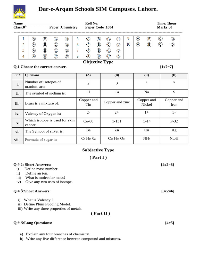 Chem 8th 1st Monthly Test | PDF | Copper | Silver