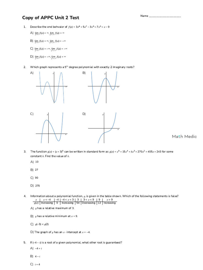 APPC Unit 2 Test: Polynomial Functions | PDF | Abstract Algebra ...
