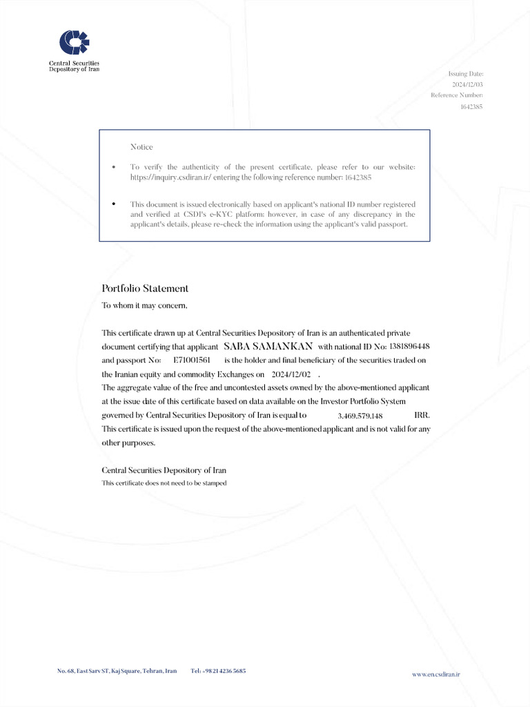 Portfolio Value Summary | PDF