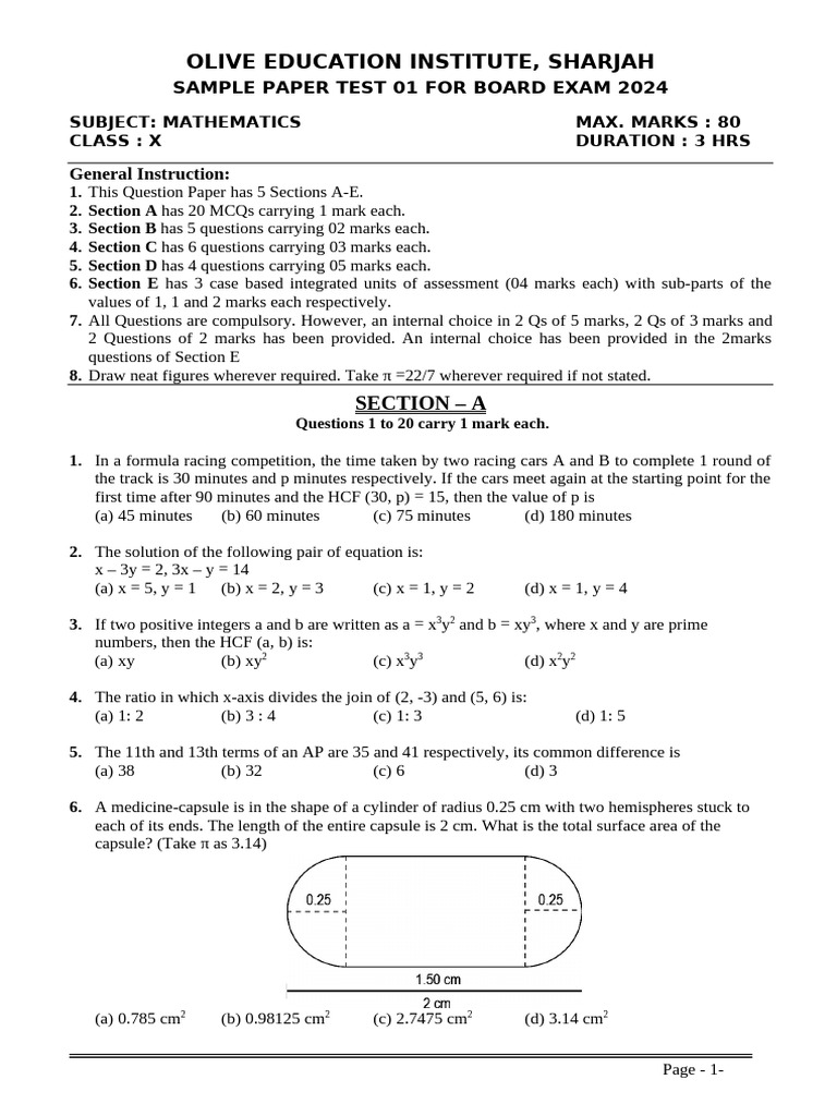 Mathematics Sample Paper Class X 2024 | PDF | Sphere | Area