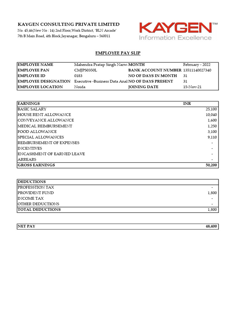 Kaygen Payslip For February 2022 - Mahendra Pratap Singh Narwaria | PDF ...
