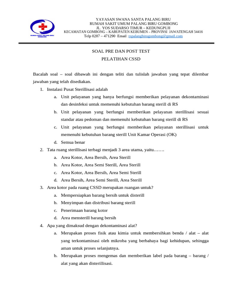 Soal Pre Dan Post Test Pelatihan CSSD | PDF