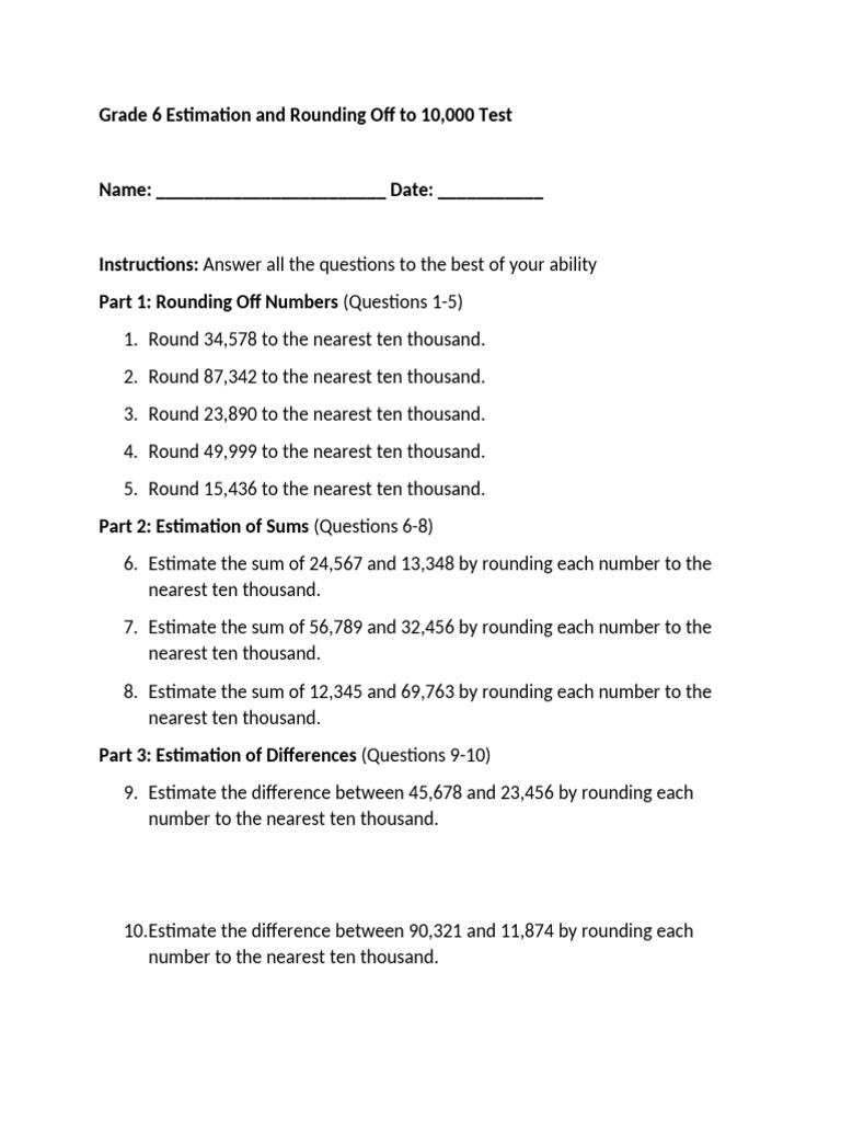 Grade 6 Estimation and Rounding Test | PDF | Language Mechanics