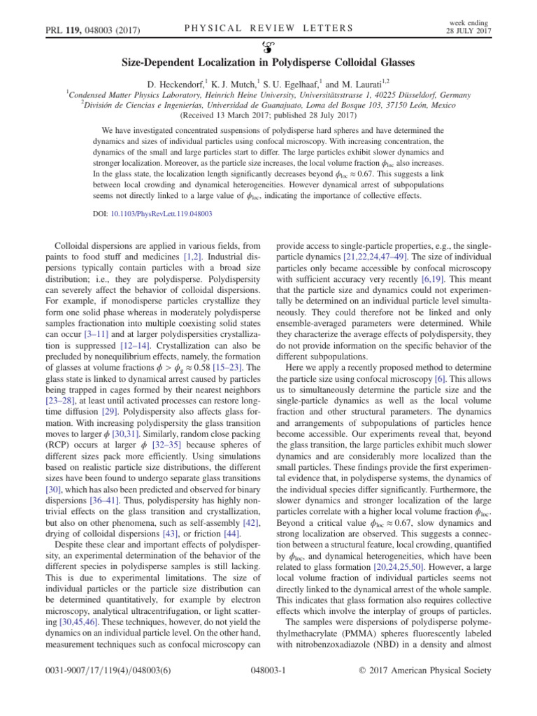Size-Dependent Localization in Polydisperse Colloidal Glasses | PDF | Colloid | Particle