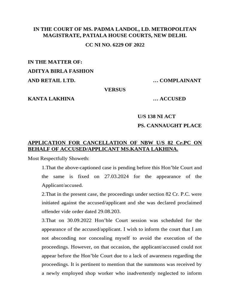 NBW Cancellation Application for Kanta Lakhina | PDF | Affidavit ...
