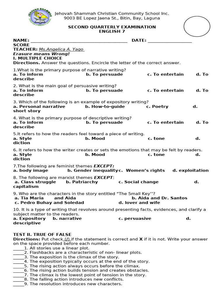2ND Quarterly Exam-ENGLISH 7 | PDF | Plot (Narrative)