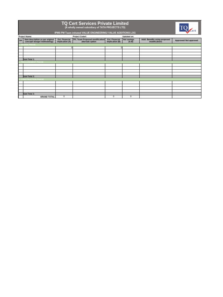 Value Engineering Log for Project Phases | PDF