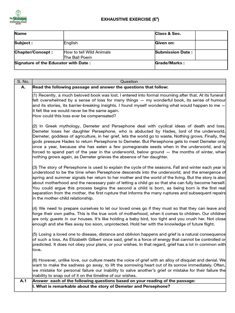 E2 Model Answer How To Tell Wild Animals, The Ball Poem | PDF | Hades ...