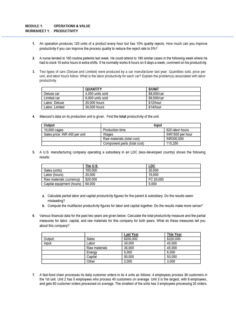 OM 24 WORKSHEET 1 - Productivity | PDF | Labour Economics | Production ...