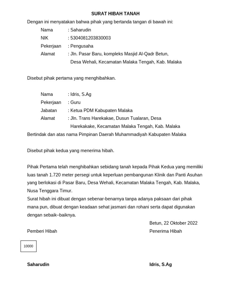 Surat Hibah Tanah untuk Klinik dan Panti Asuhan | PDF
