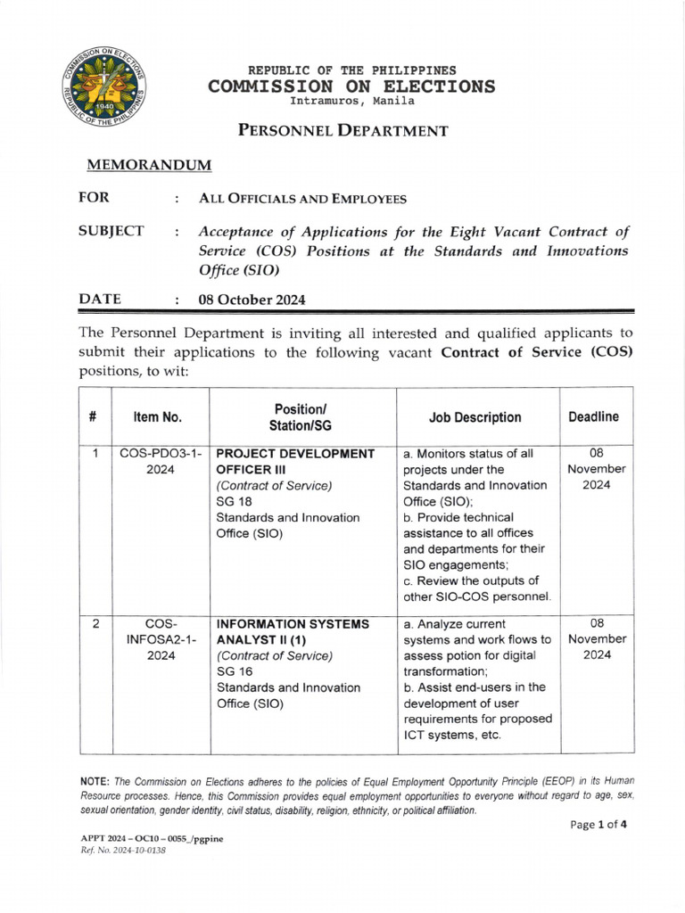 APPT 2024 - OC10 - 0055 - TO ALL - Acceptance of Applications For The 8 COS Positions in SIO ...