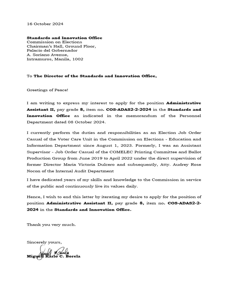 Application Letter For Administrative Assistant II COS-ADAS2-2-2024 ...
