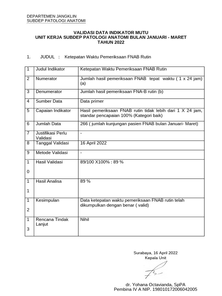 VALIDASI DATA INDIKATOR MUTU Subdep PA TH 2022 | PDF