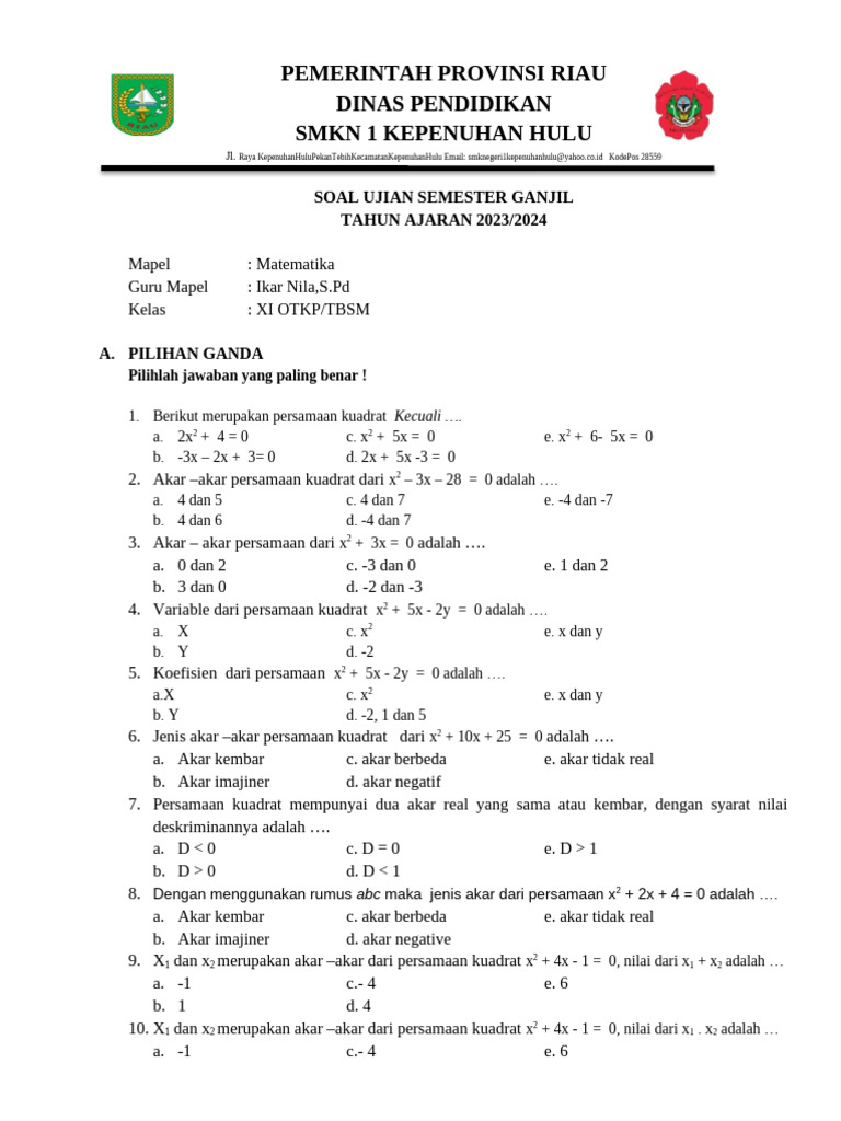 SOAL UJIAN MTK KLS XI 2023.2024 ganjil | PDF