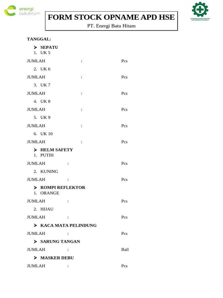 Form Stock Opname APD HSE | PDF