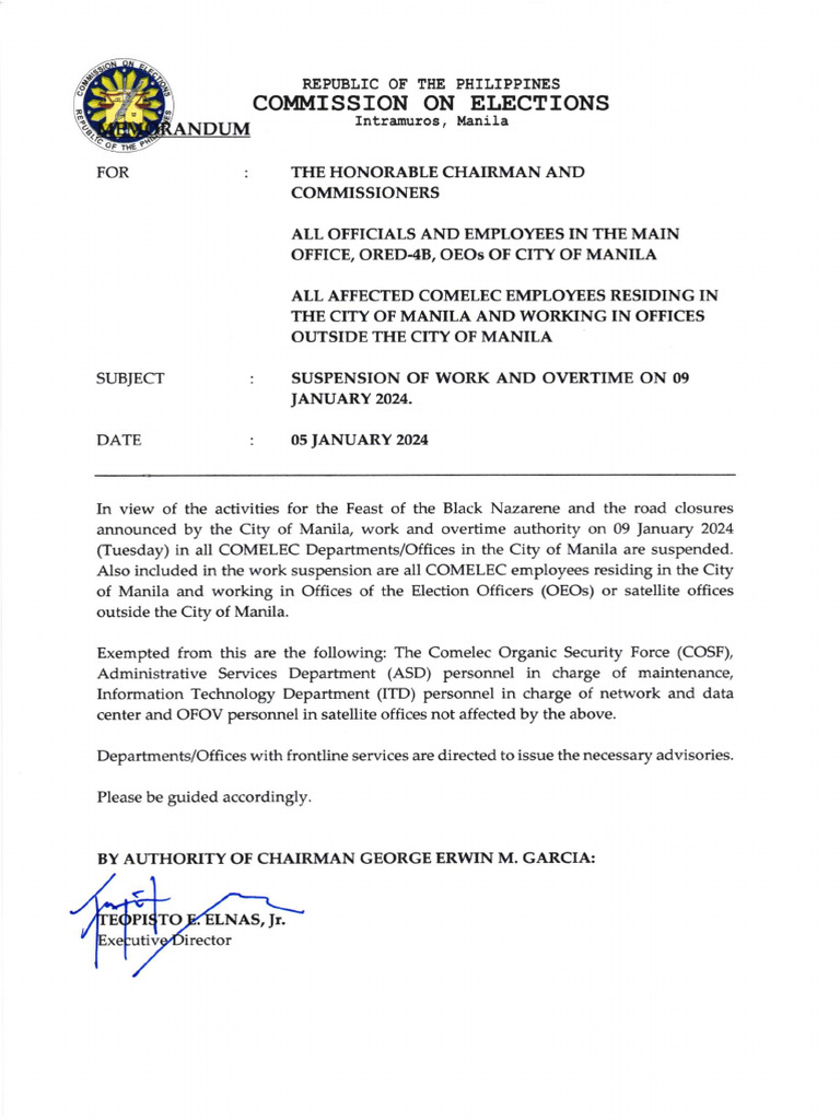 MEMO - ALL Manila - Suspension of Work Jan 9 2024. | PDF
