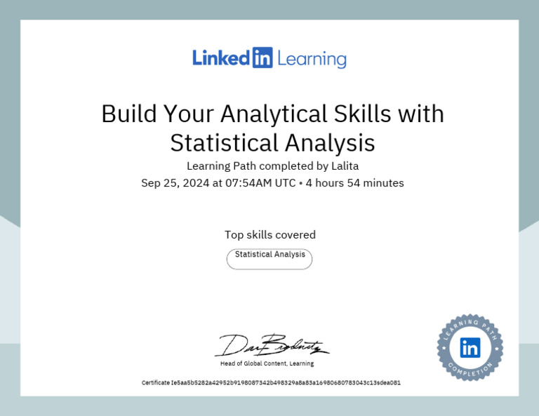 CertificateOfCompletion - Build Your Analytical Skills With Statistical Analysis PDF | PDF