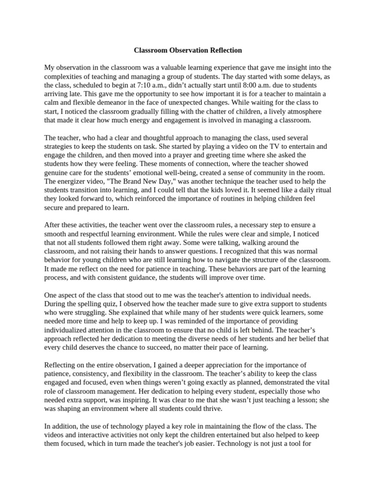 Classroom Observation Reflection | PDF | Teachers | Classroom Management