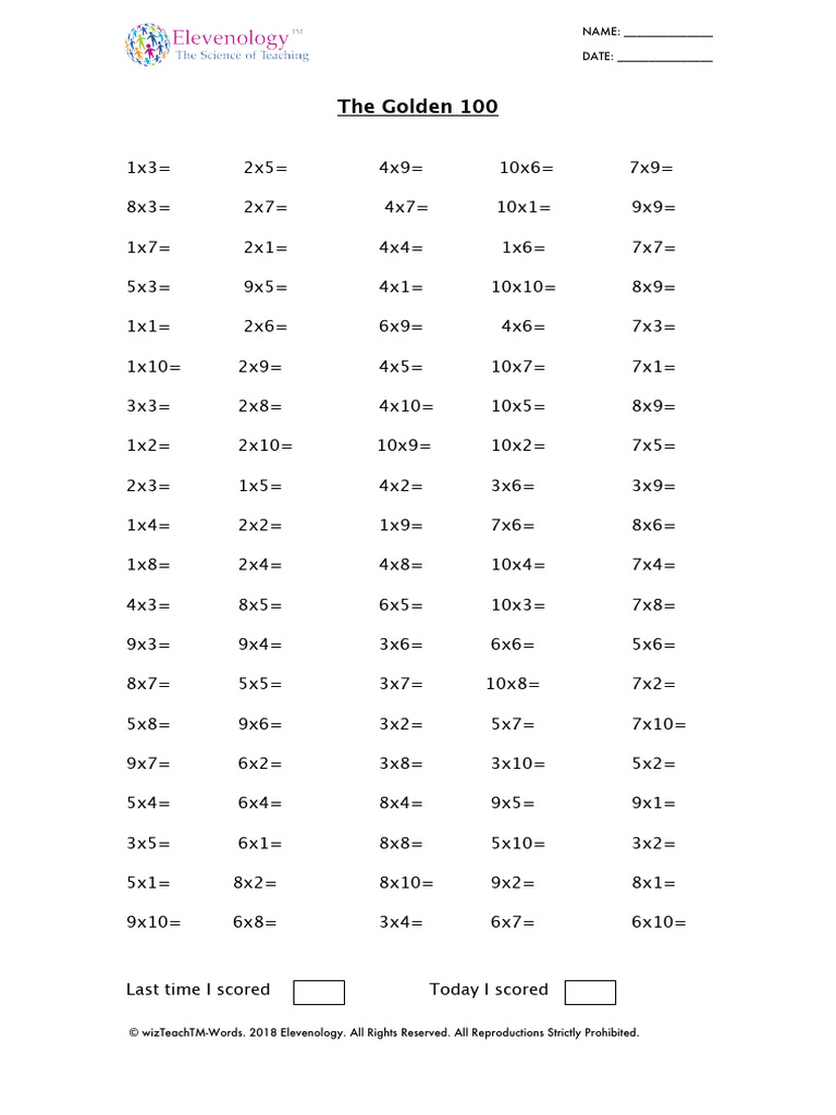 Golden 100 Multiplication Test | PDF