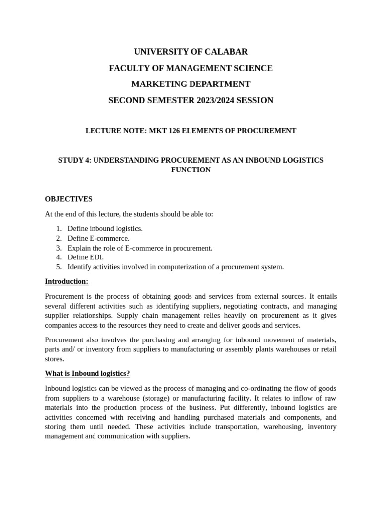 Inbound Logistics-Lecture Note 1 | PDF | Logistics | Procurement