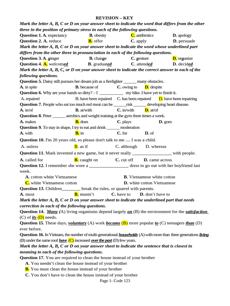 ÔN TẬP GKY I - KEY | PDF | Divorce | Dieting