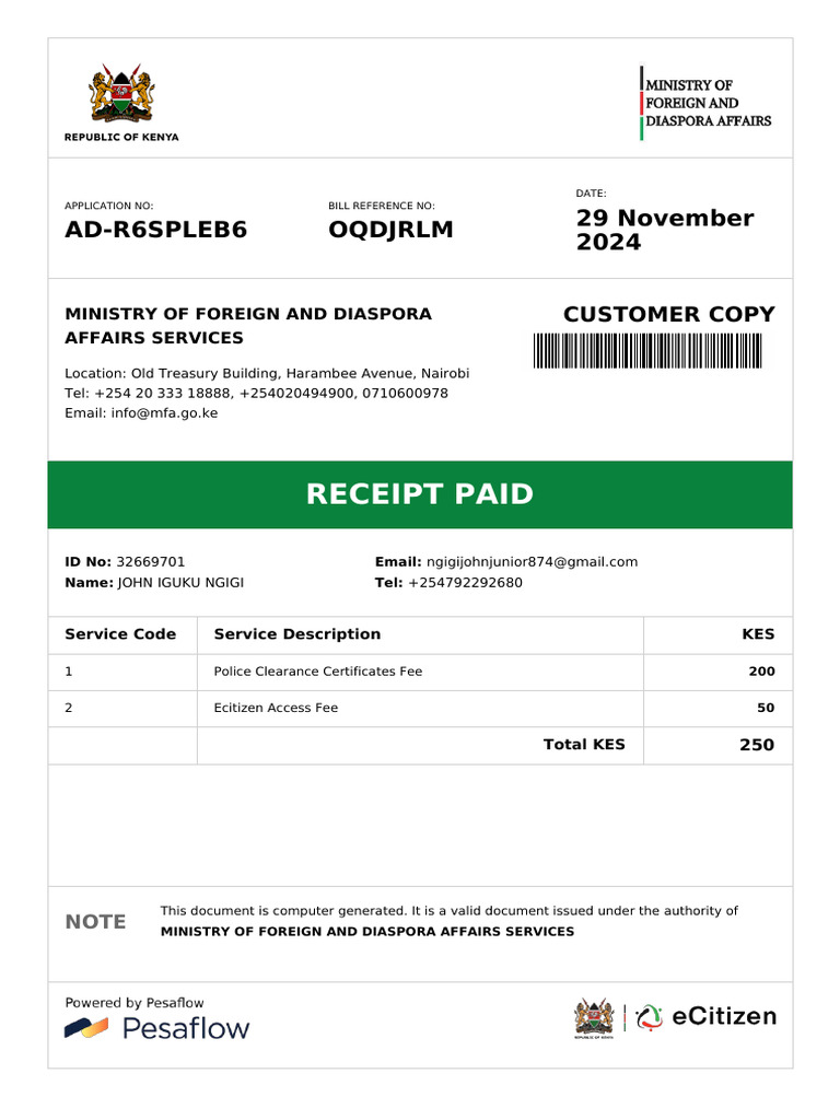 Police Clearance Certificate Receipt | PDF | Government And Personhood
