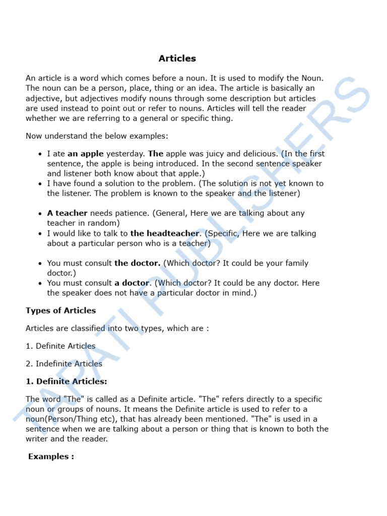 Articles English Notes For All Exams | PDF | Noun | Plural