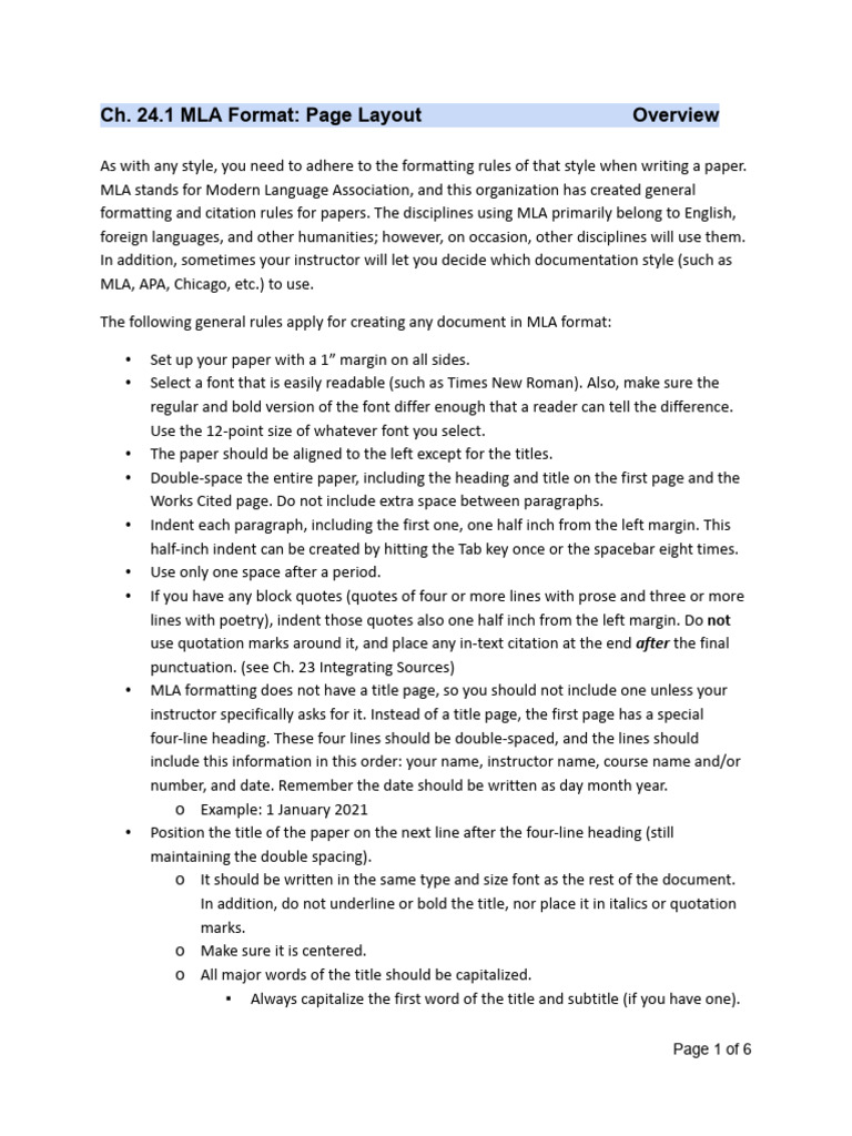 Ch. 24.1 Overview - MLA Format: Page Layout | PDF | Proofreading | Citation