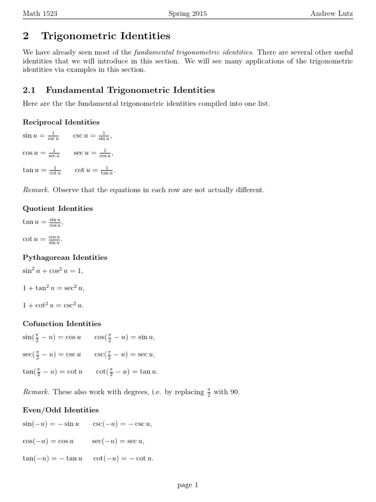 Trigonometric Identities Overview | PDF | Trigonometric Functions | Angle